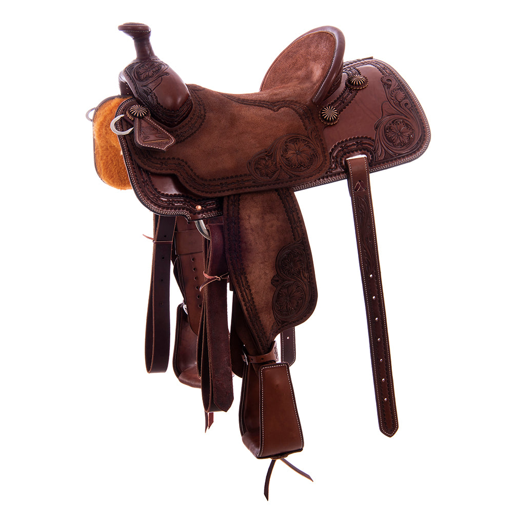Team Roping Saddle - Chocolate Leather, Smooth & Roughout, Deluxe Barb