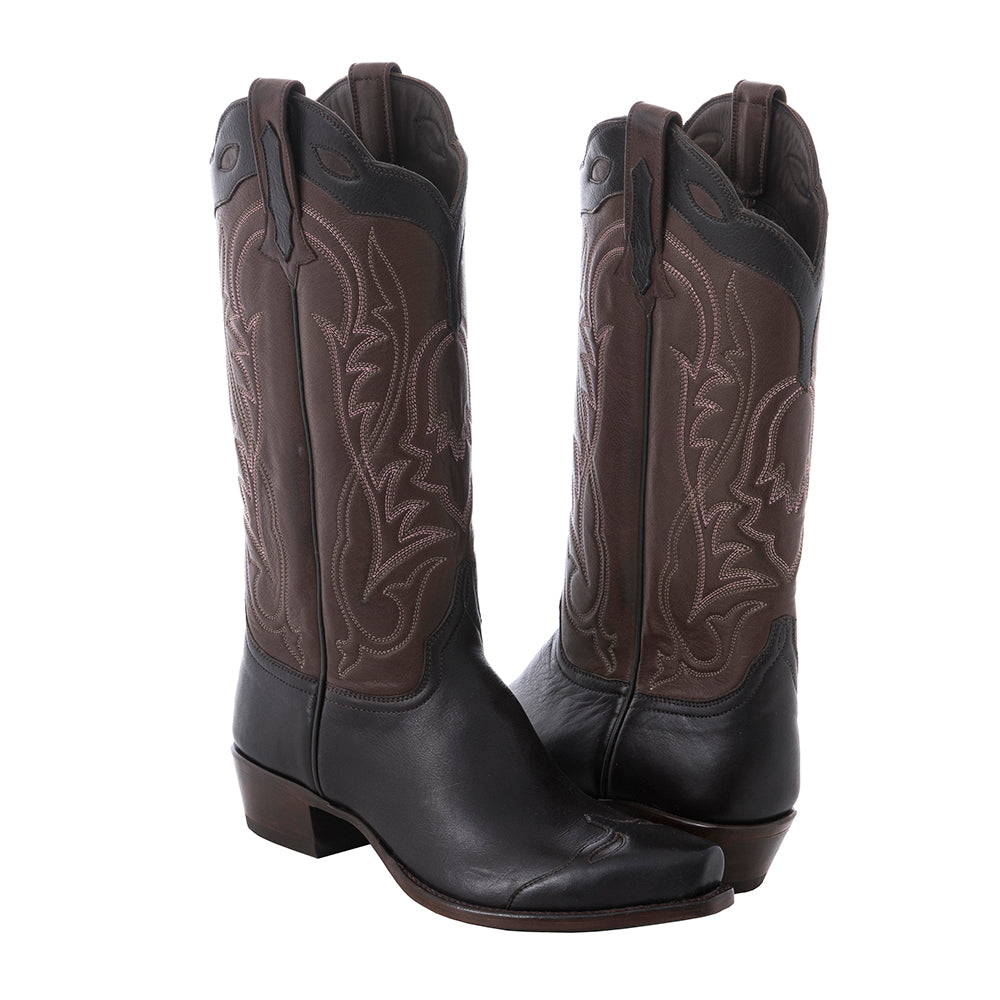 Ladies 14" Cowboy BLK Aniline/Brn Aniline Burn Tulip Stitch Collar & W