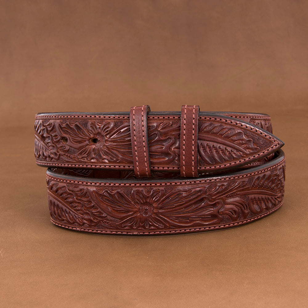 1 1/2" MAHOGANY HAND TOOLED BELT